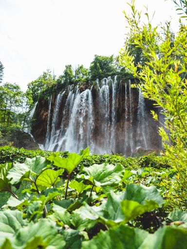 Beautiful waterfalls surrounded by lush greenery in Plitvice Lakes ...