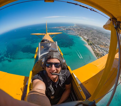 A man takes a selfie from aboard a yellow biplane. Stock photo | Wirestock