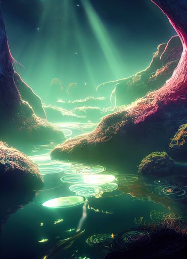 Hyper-realistic illustration of an underground pond with the green ...