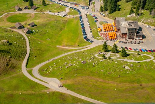 Aerial view from a cable car of Schwagalp pass of Santis mountain range ...