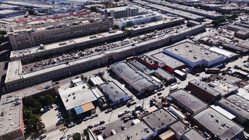 Aerial footage of the ROW DTLA shopping mall in the downtown of Los ...
