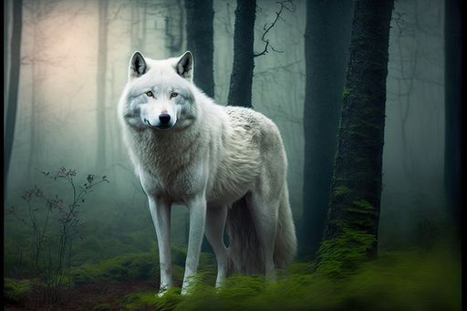 AI generated illustration of a white wolf stands alone in a mystical ...