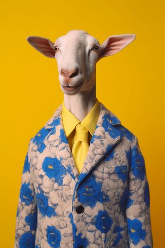 Portrait of a white goat in a suit against a yellow background, AI ...