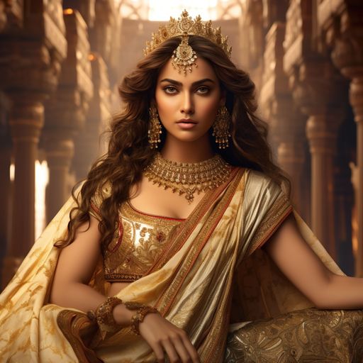 Beautiful Indian princess wearing a traditional dress and ornate gold ...