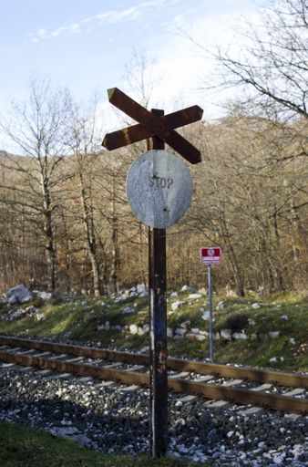 Full shot of an old stop sign beside a railroad with dried leafless ...