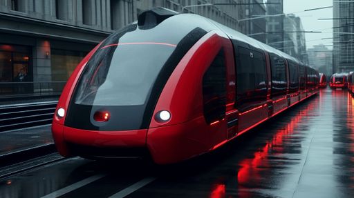 AI generated illustration of a bright red passenger train moving along ...