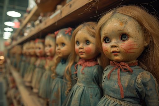 Row of antique creepy dolls displayed on store shelves AI generated. Stock illustration Wirestock